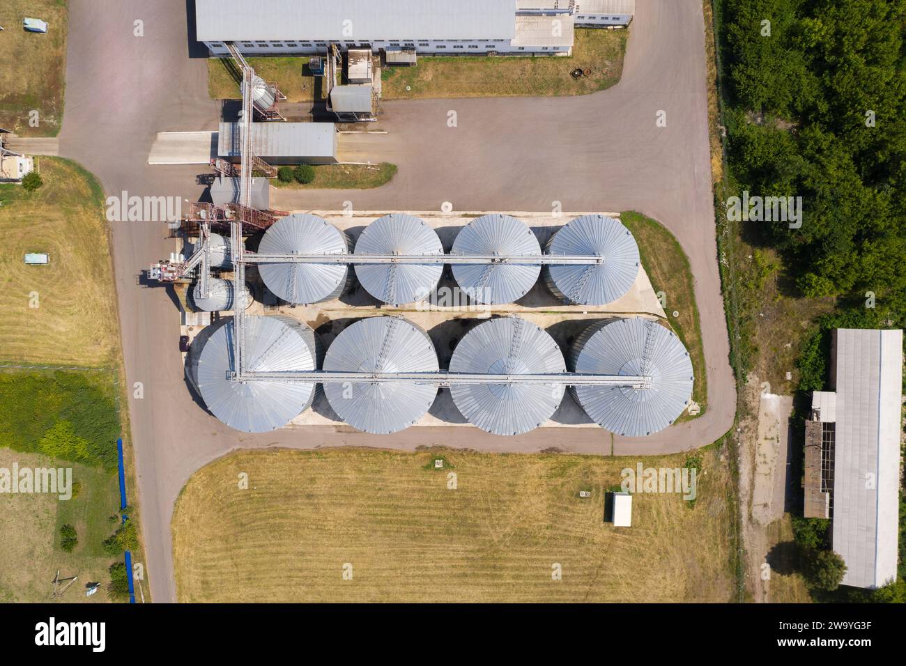 Aerial view of agricultural silos, grain elevator for storage and ...