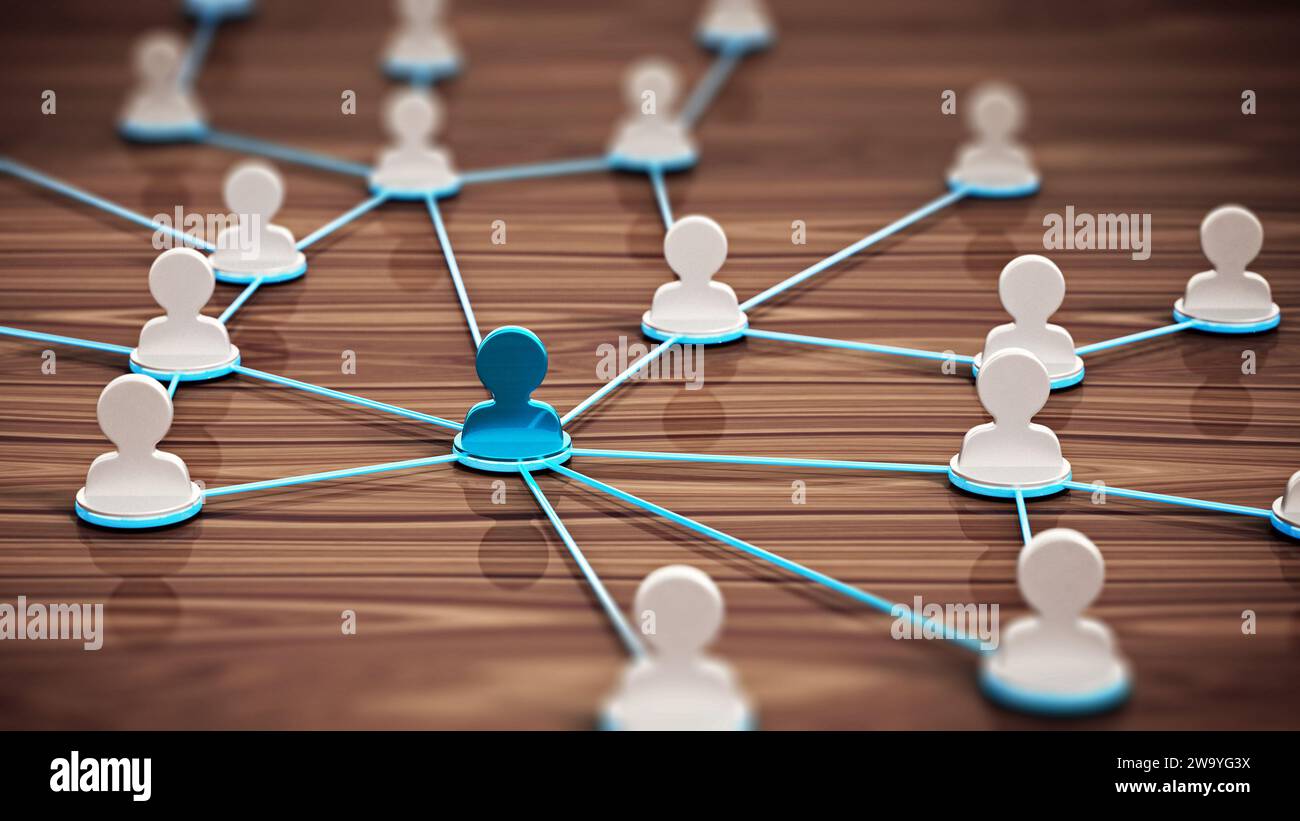 Lines connecting white 3D head symbols. Connectivity and network ...