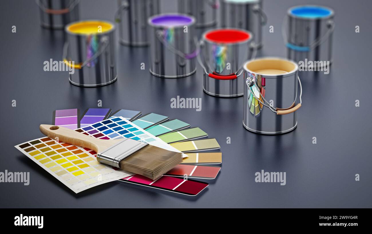 Paint cans, color guides and paintbrush. 3D illustration Stock Photo ...