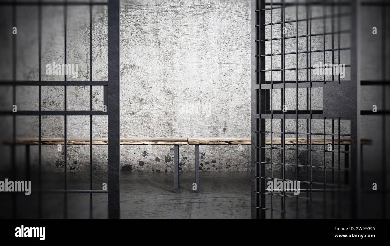 Prison cell with open door and old dirty walls. 3D illustration Stock ...