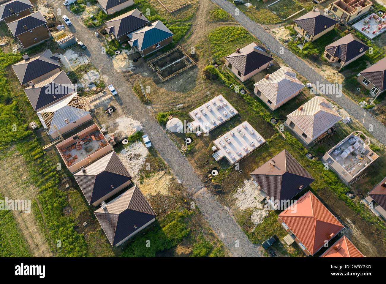 Construction of a suburban neighborhood of cottages. Aerial view Stock ...