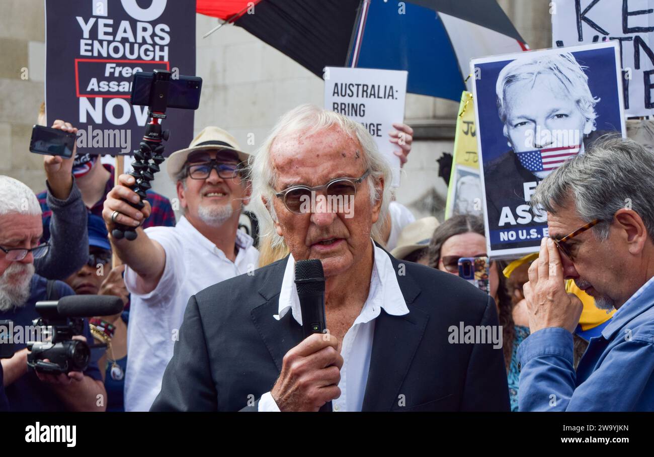 London, United Kingdom. 11th August 2021. Journalist John Pilger speaks ...