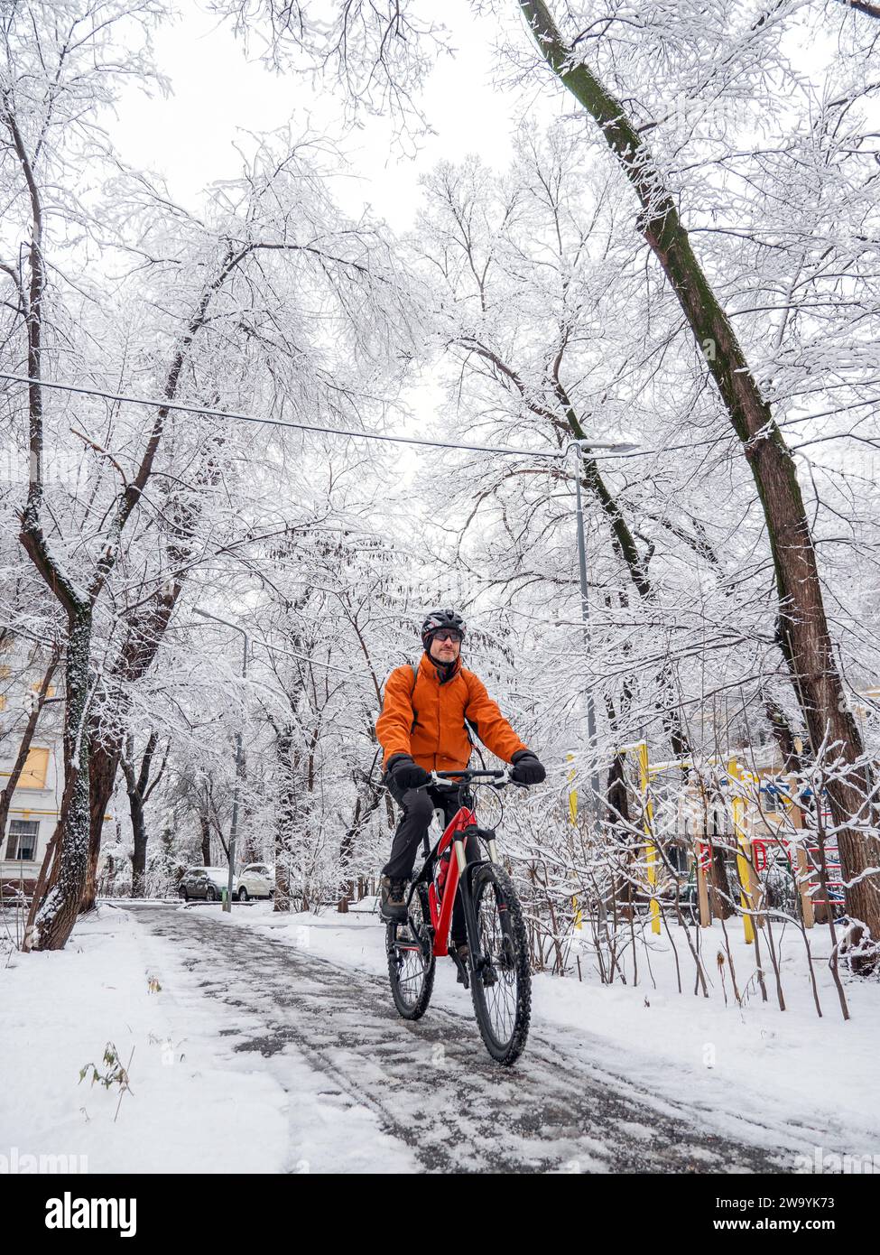 A man rides a bicycle through a winter city among snow covered trees ...