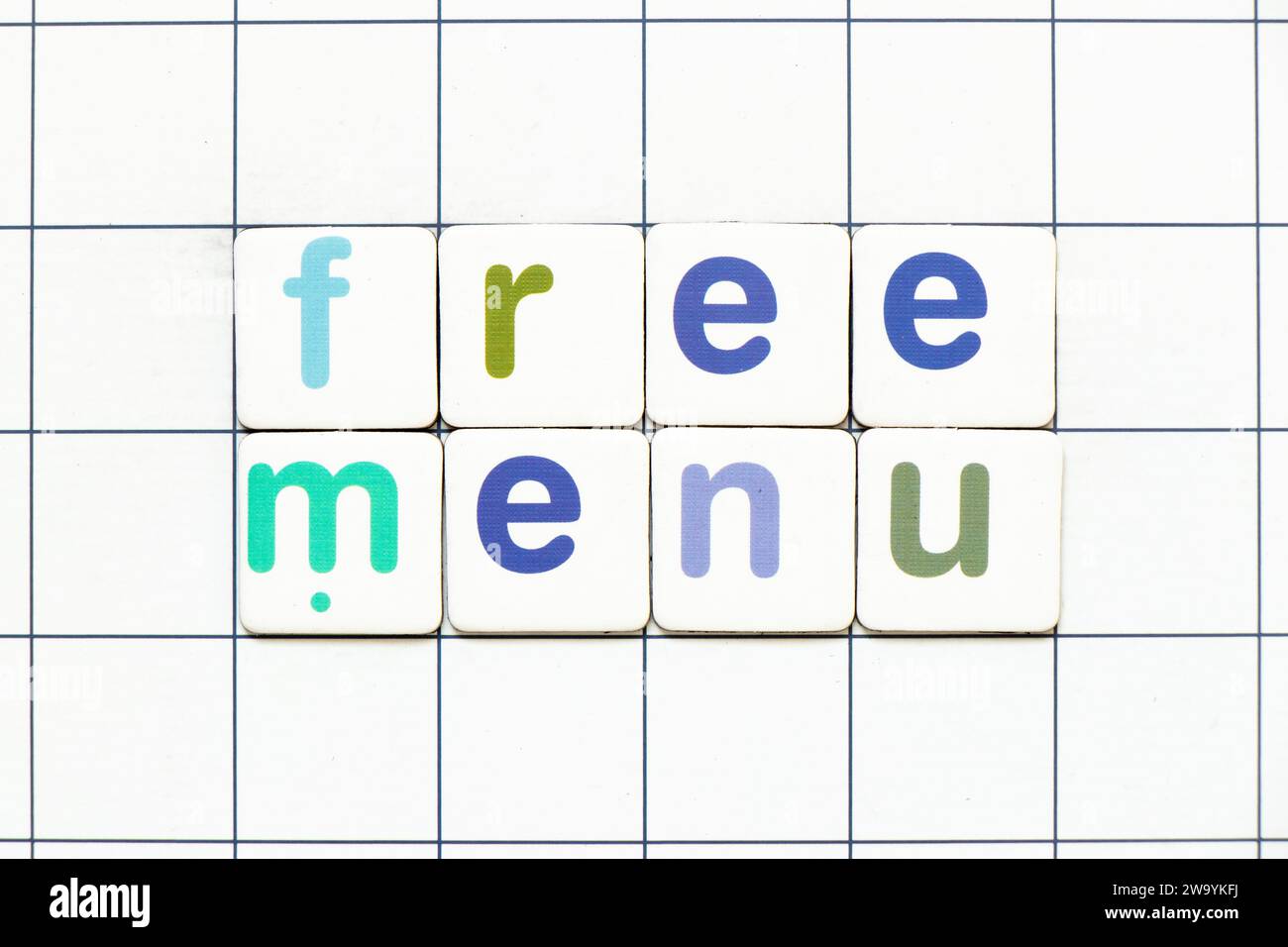 Colorful tile letter in word free menu on white grid background Stock ...