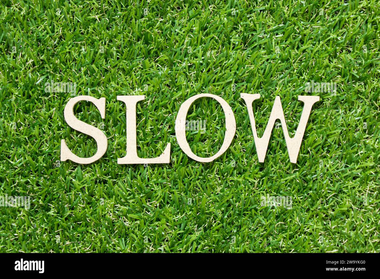 Wood letter in word slow on green grass background Stock Photo - Alamy