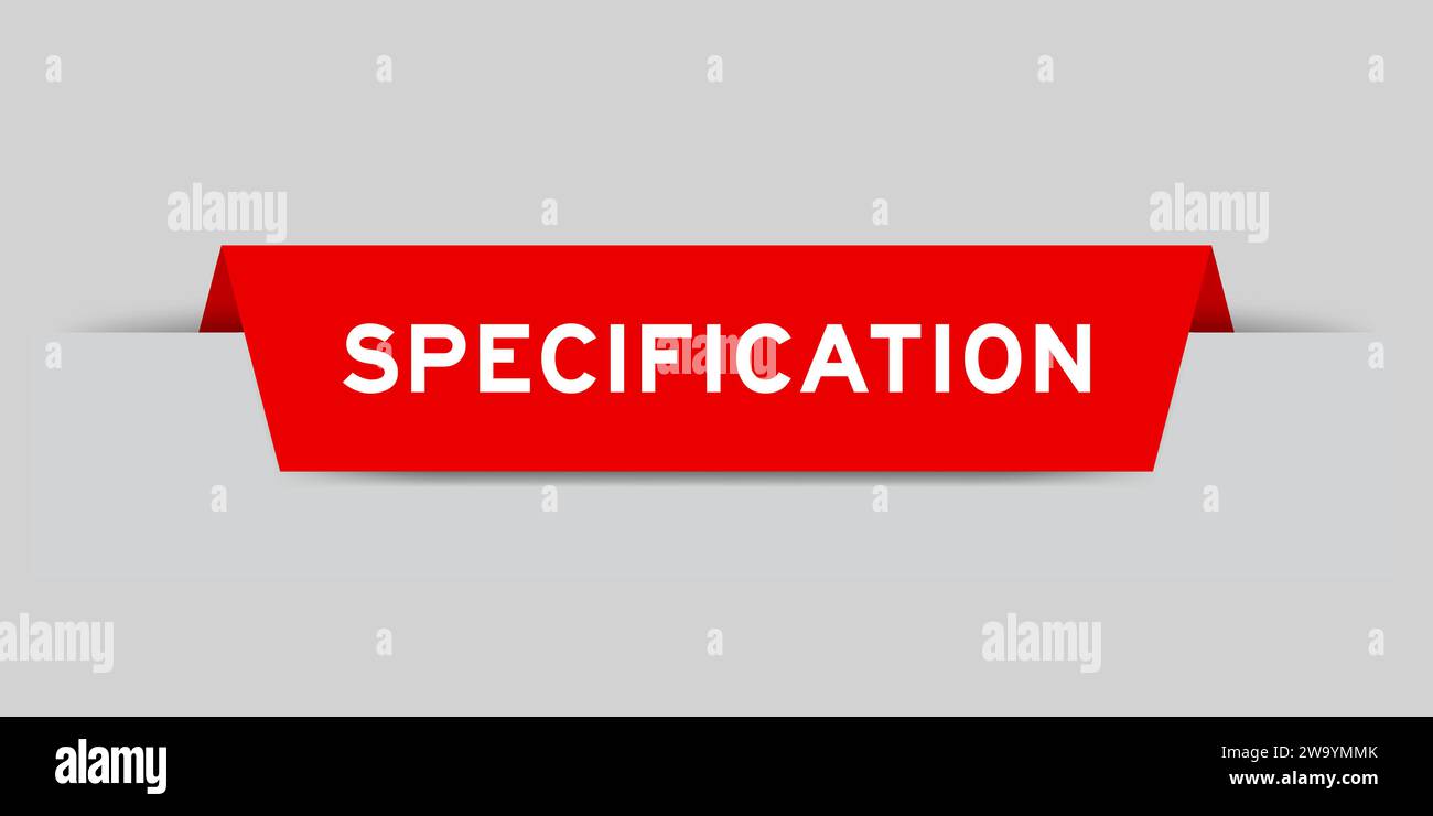 Red color inserted label with word specification on gray background ...