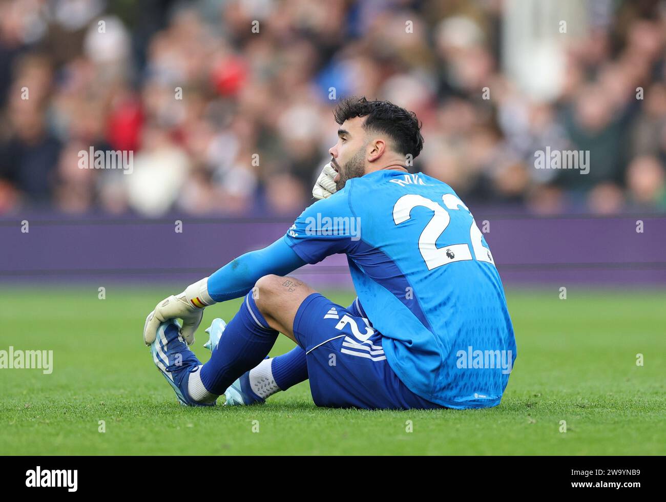 Arsenal goalkeeper David Raya reacts to an injury during the Premier League match at Craven ...