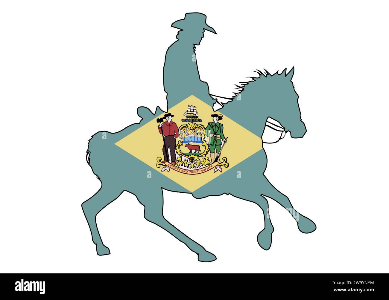 A silhouette of a USA cowboy on a horse with inset Delaware State Flag ...