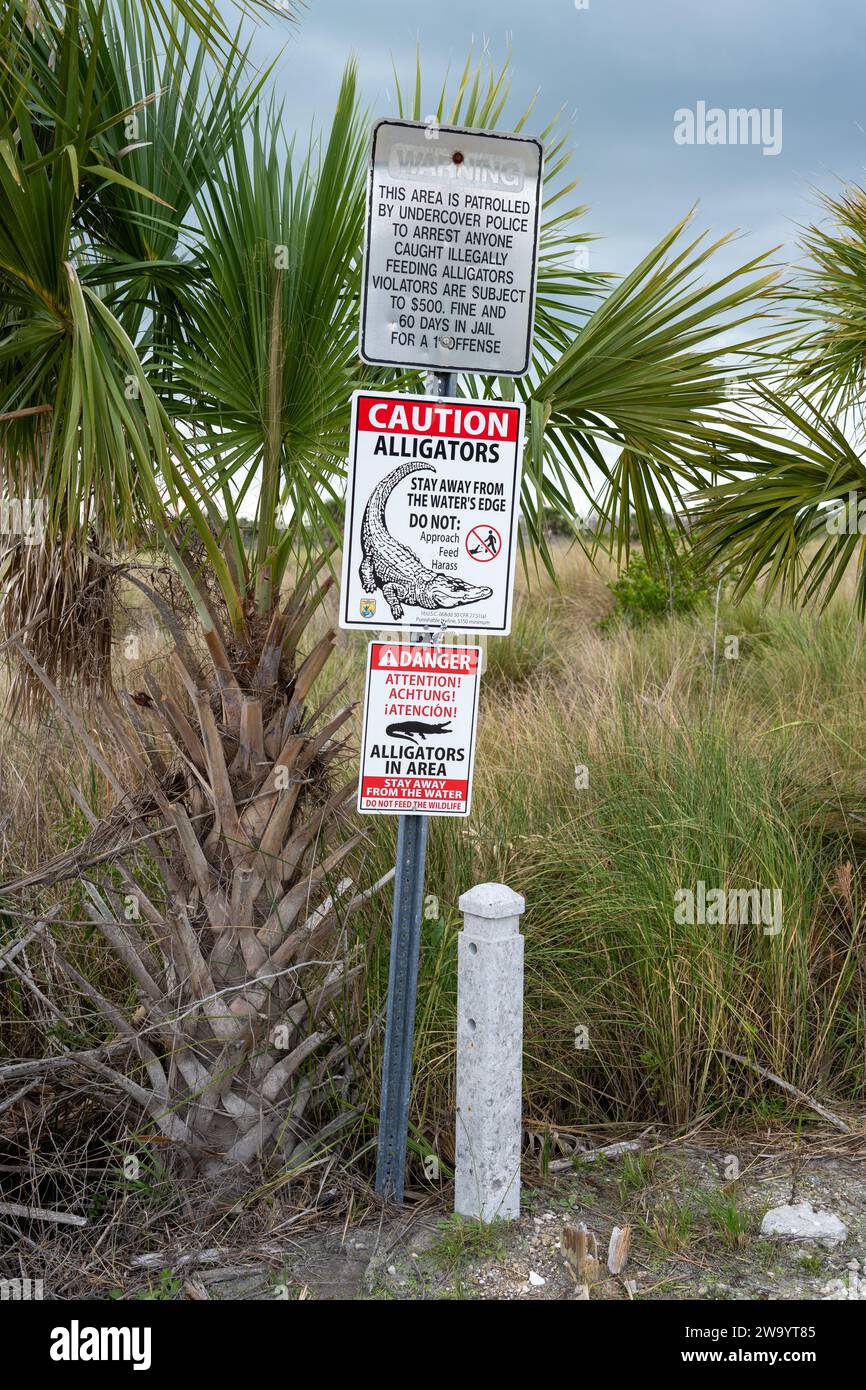 CAUTION: alligators stacked signs at a trailhead Stock Photo - Alamy