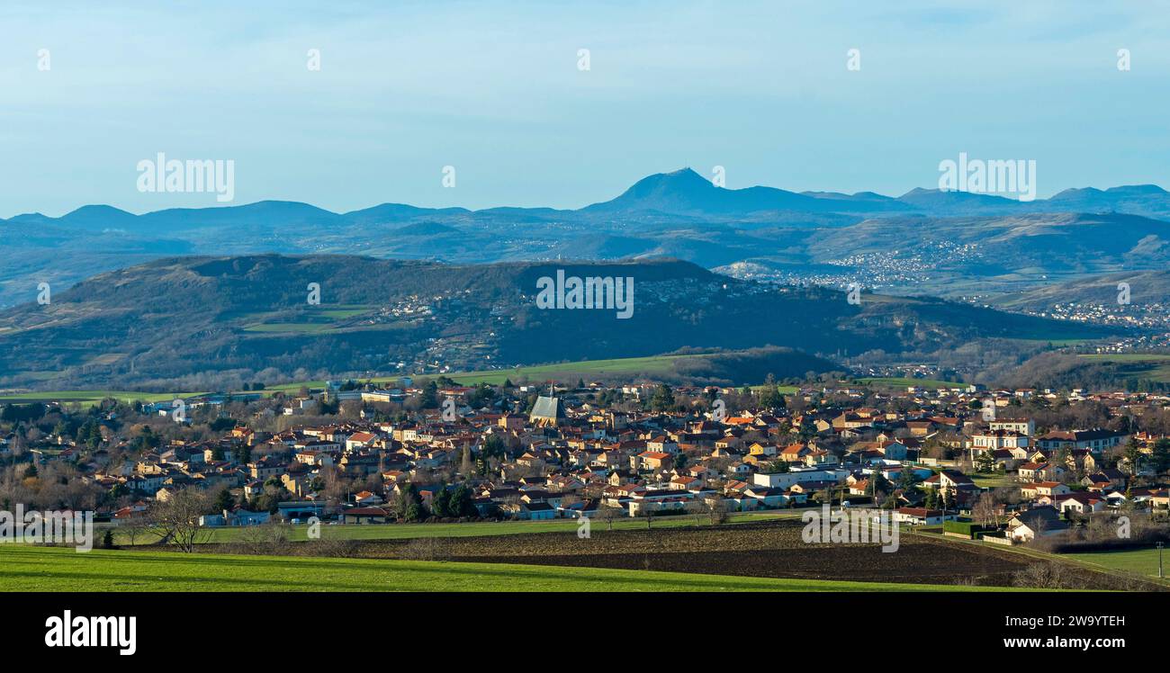 View on Vic le Comte village, Puy de Dome volcano in background, Puy de ...