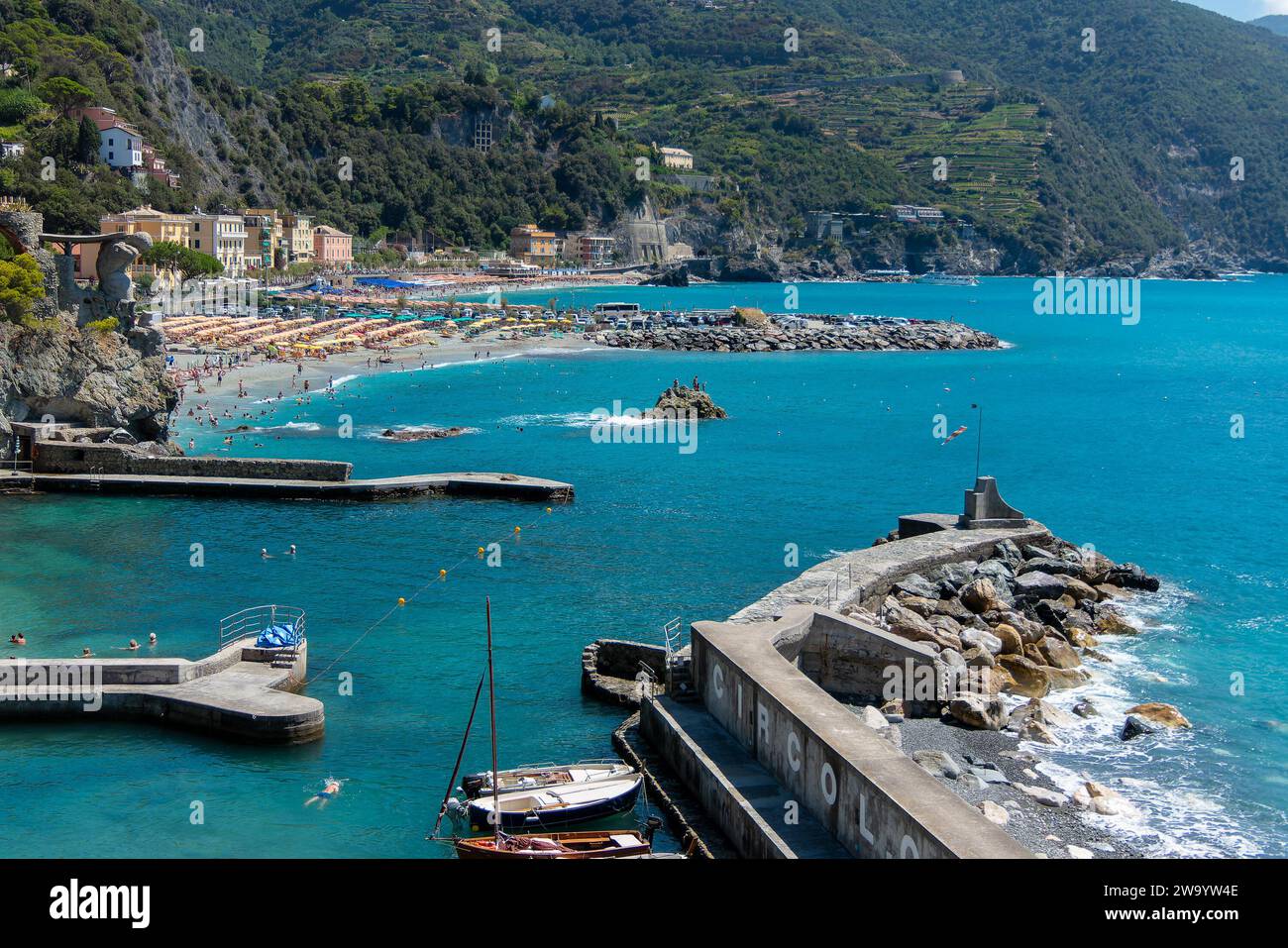 Monterosso, Italy, July 27, 2023. Beach and parasols in front of the ...