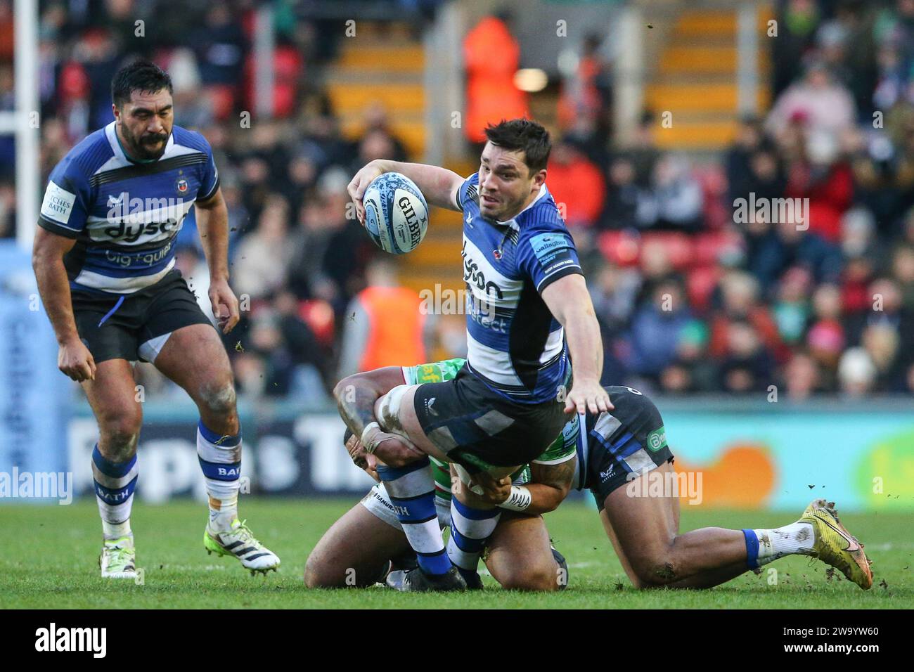 Jaco Coetzee of Bath is tackled during the Gallagher Premiership match ...