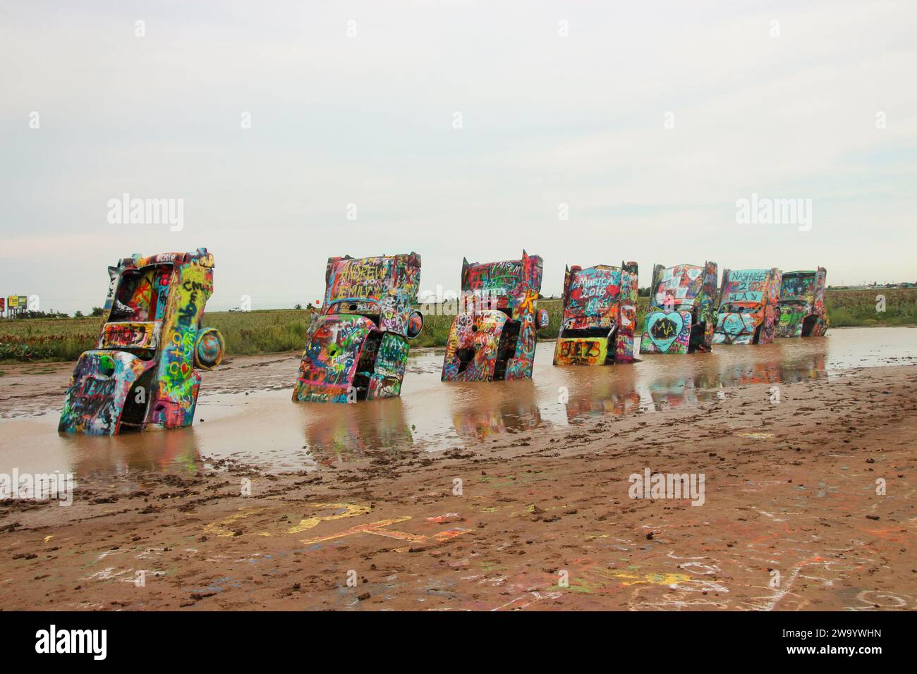 Cadillac Ranch, Route 66, rain-soaked graffiti Stock Photo - Alamy