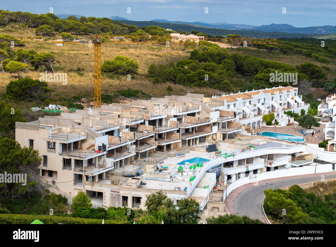 Holiday accommodation building site with crane Menorca Spain Stock ...