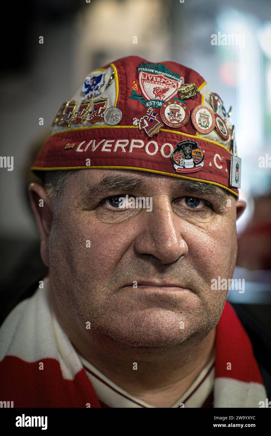 liverpool supporter wearing liverpool fc hat before going to a football ...