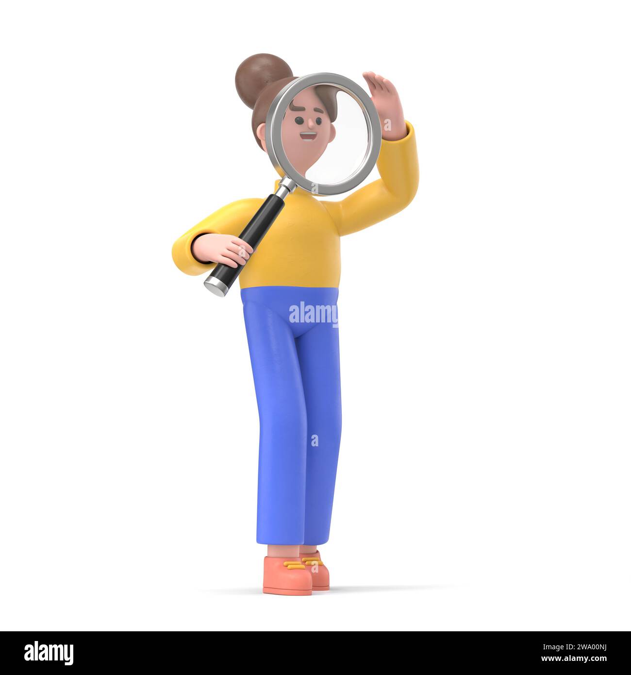 3D illustration of Cartoon 3d character with magnifier. Business ...