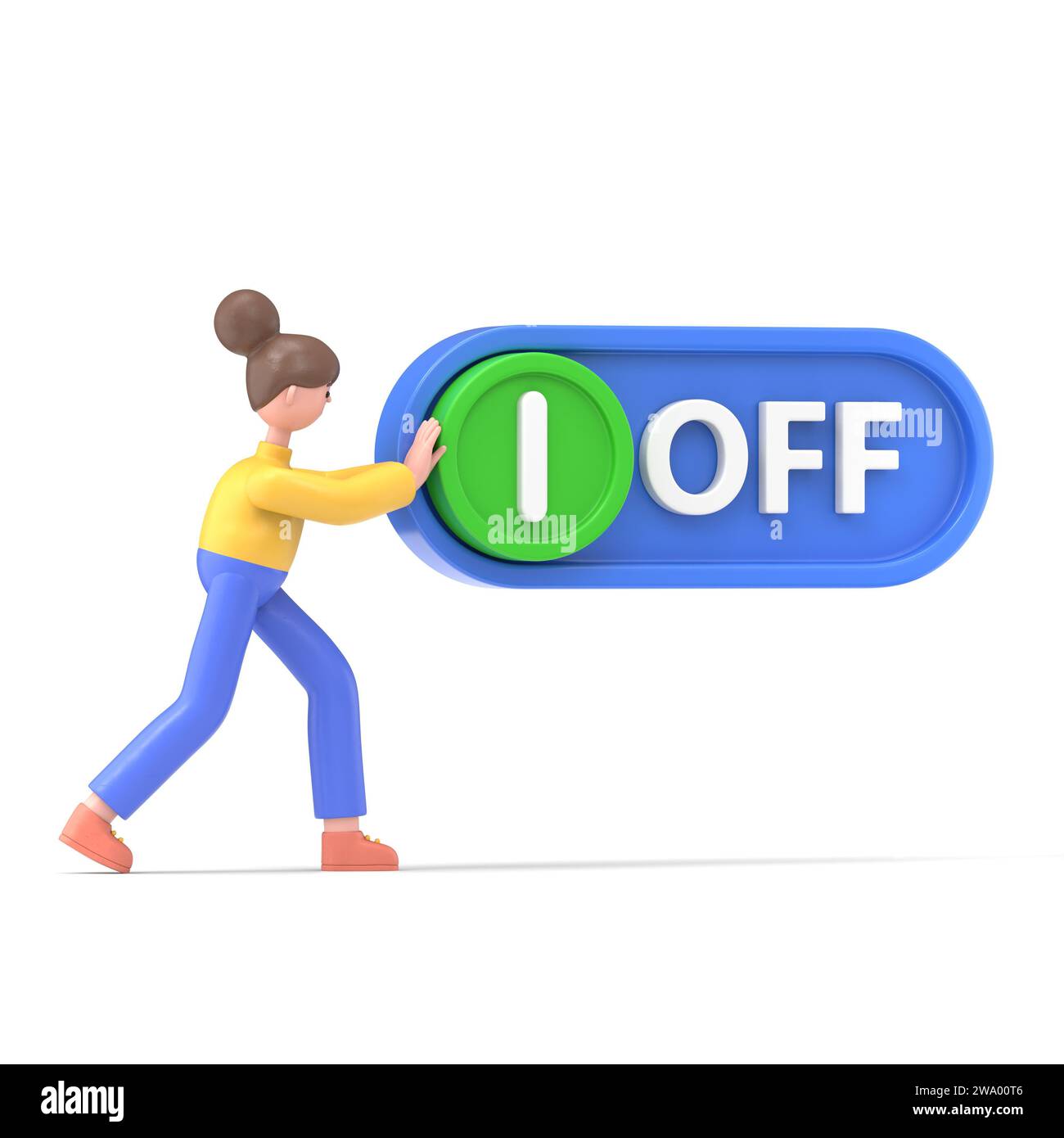 3D illustration of Cartoon 3d character presses off. Presses a button ...