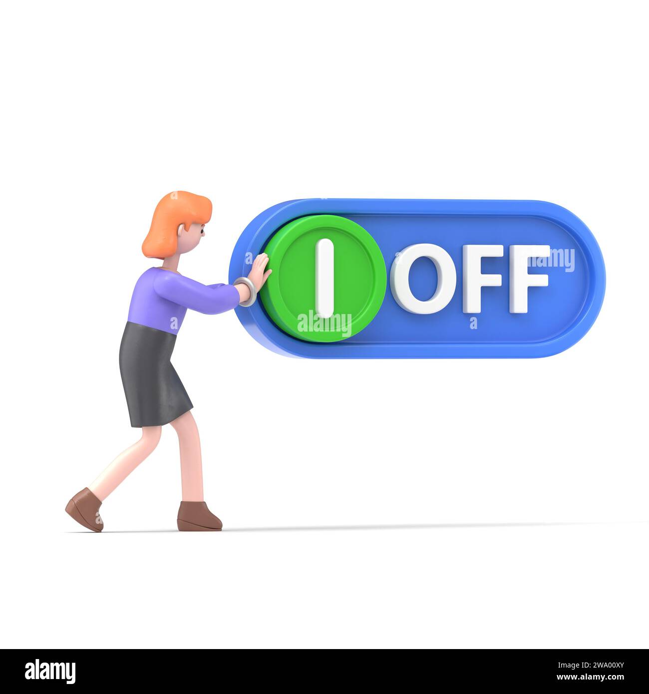 3D illustration of Cartoon 3d character presses off. Presses a button ...
