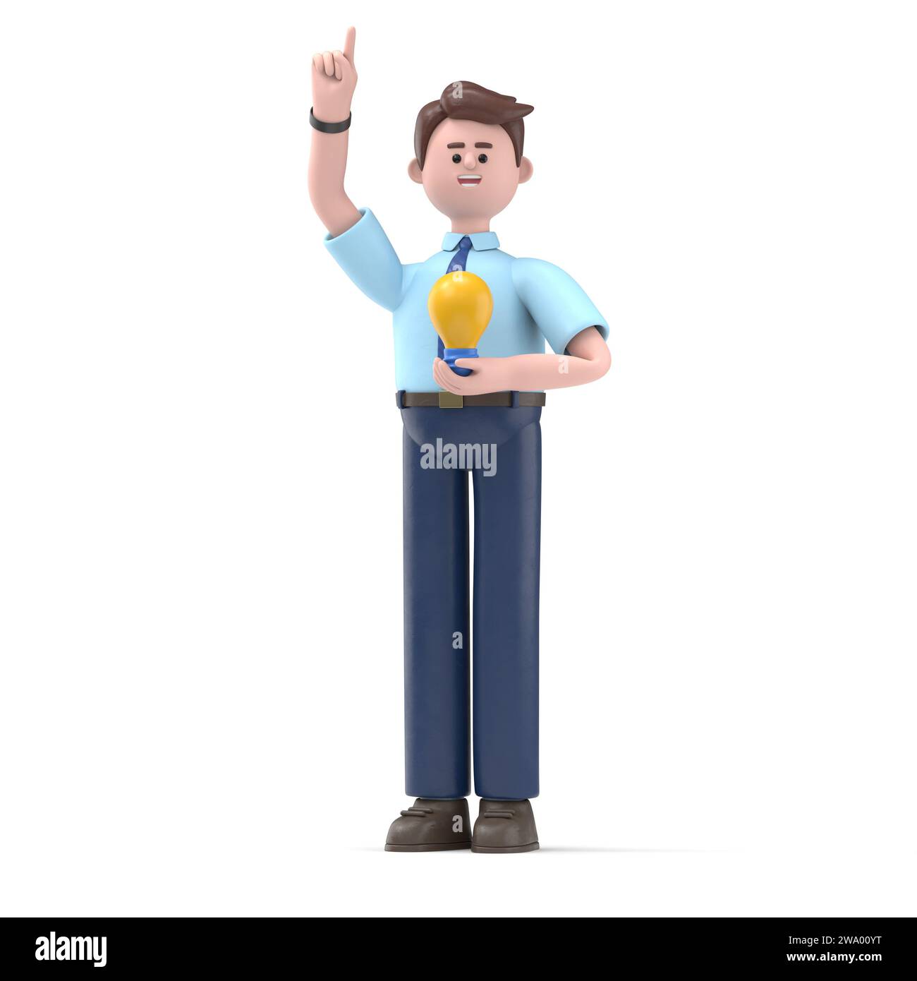 3D illustration of Cartoon 3d character with bulb. Creativity and ...