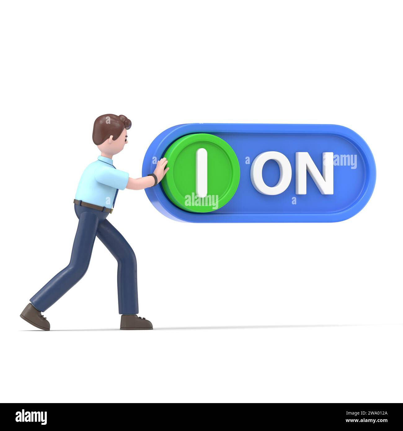 3D illustration of Cartoon 3d character presses a button. Project start ...