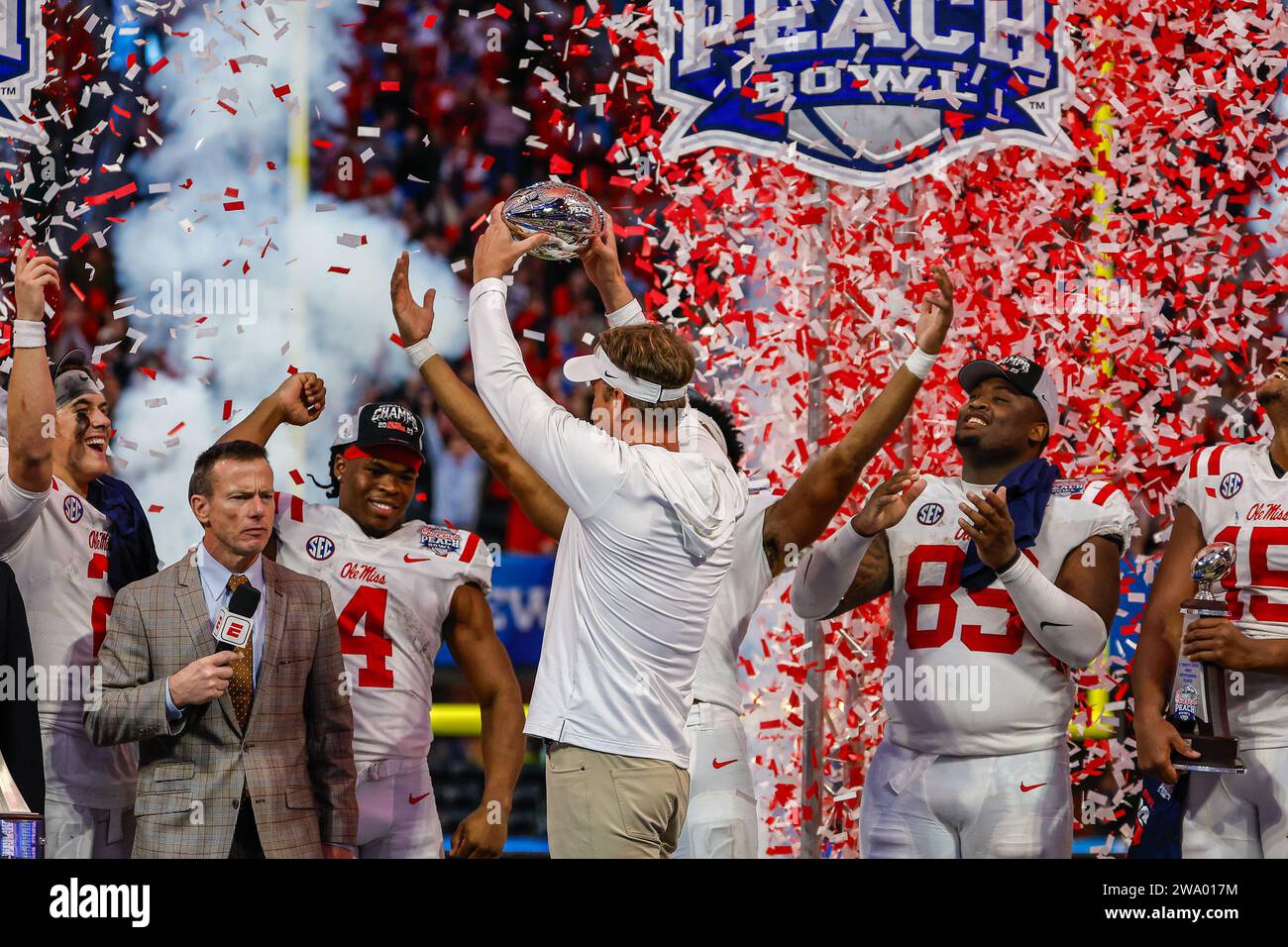 December 30, 2023: Ole Miss head coach, Lane Kiffin, hoists the Chick ...