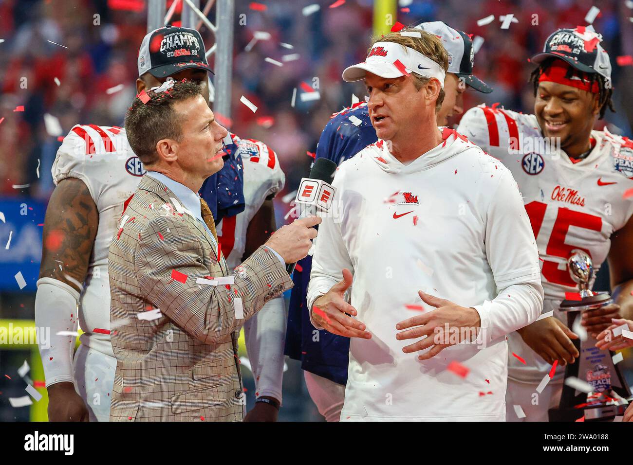 December 30, 2023: Ole Miss head coach, Lane Kiffin, hoists the Chick ...