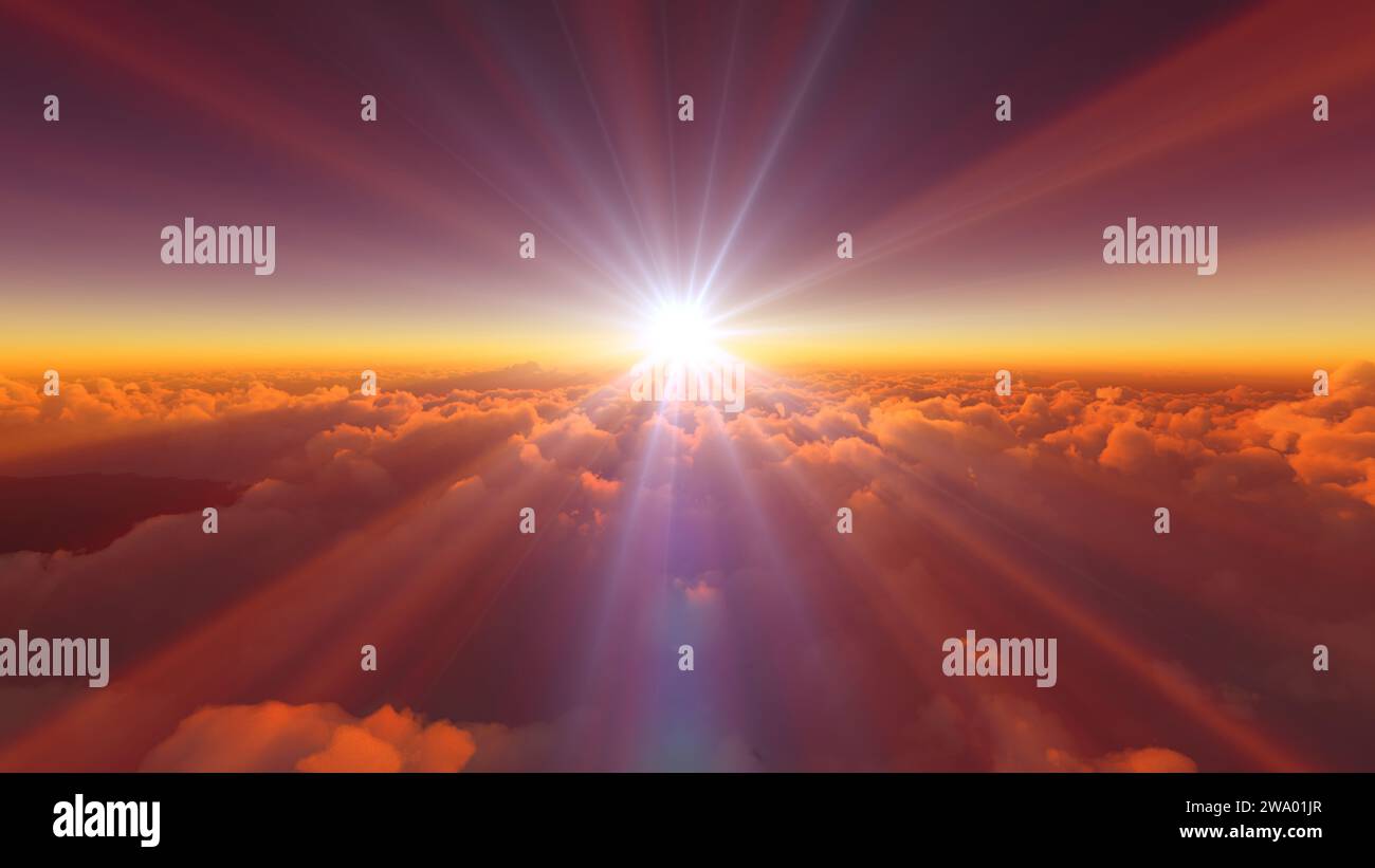 above clouds fly sunset sun ray illustration, 3d render Stock Photo - Alamy