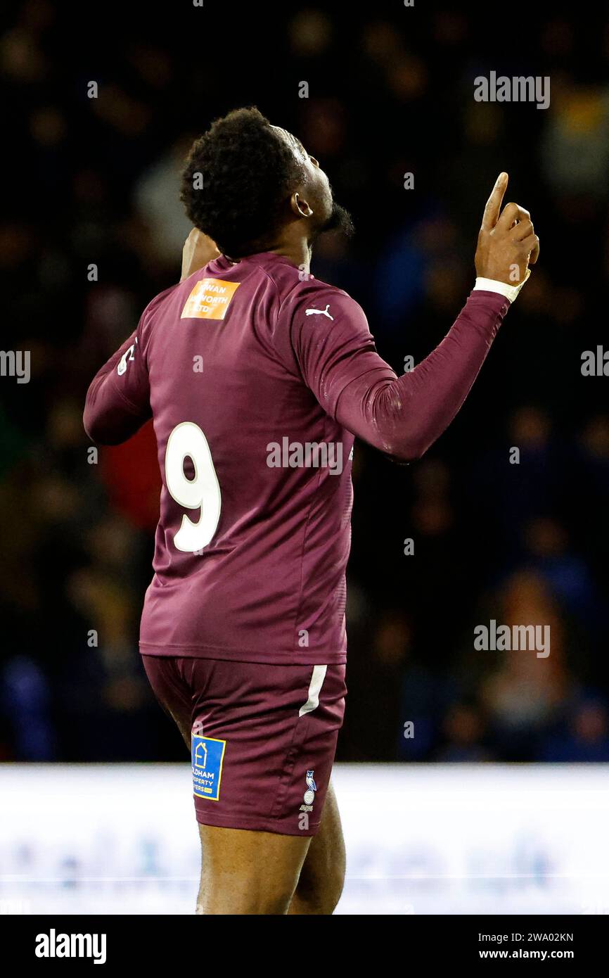 Mike Fondop of Oldham Athletic Association Football Club is celebrating ...