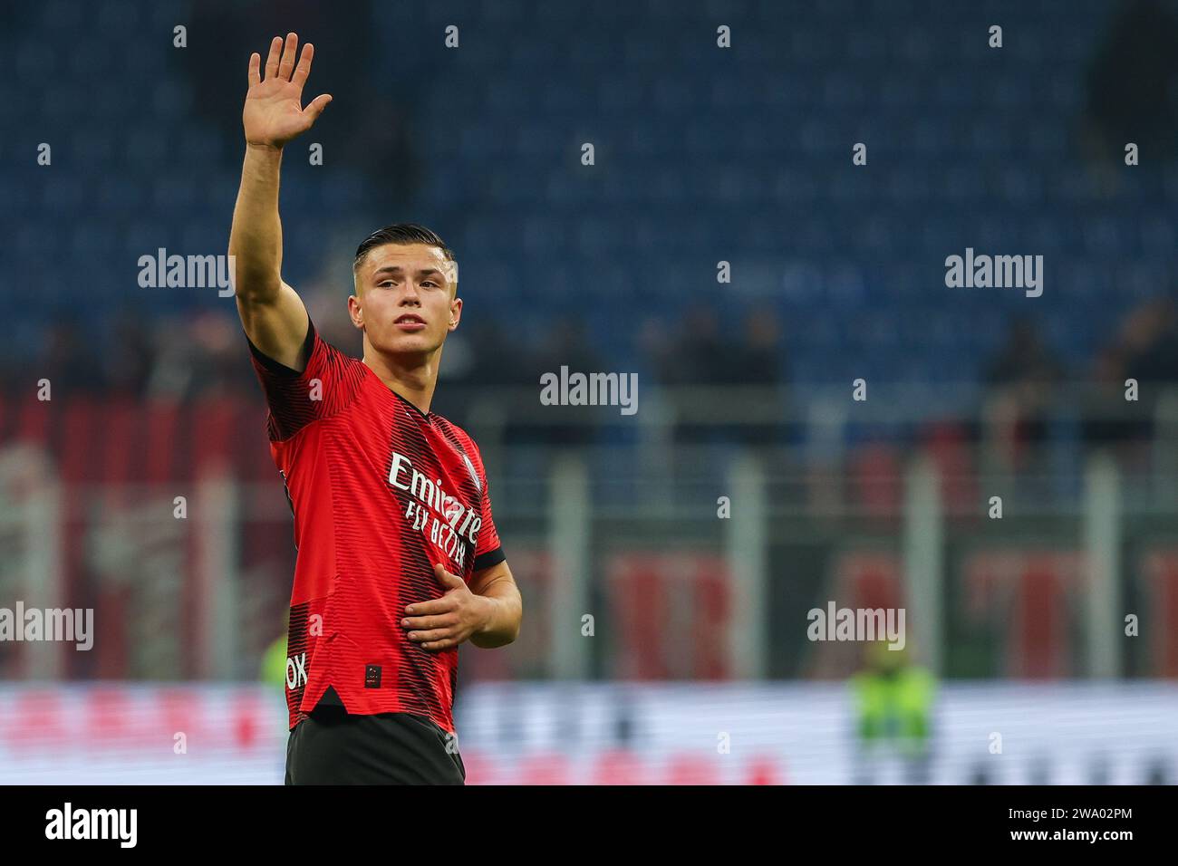 Jan-Carlo Simic of AC Milan greets the fans during the Serie A 2023/24 ...