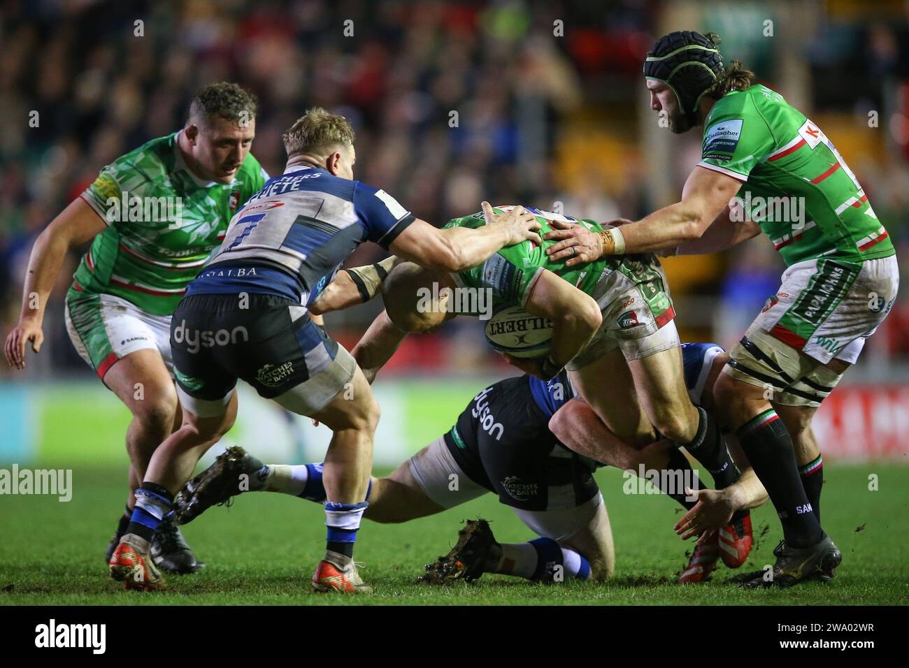 Mike Brown of Leicester Tigers is tackled during the Gallagher Premiership match Leicester ...