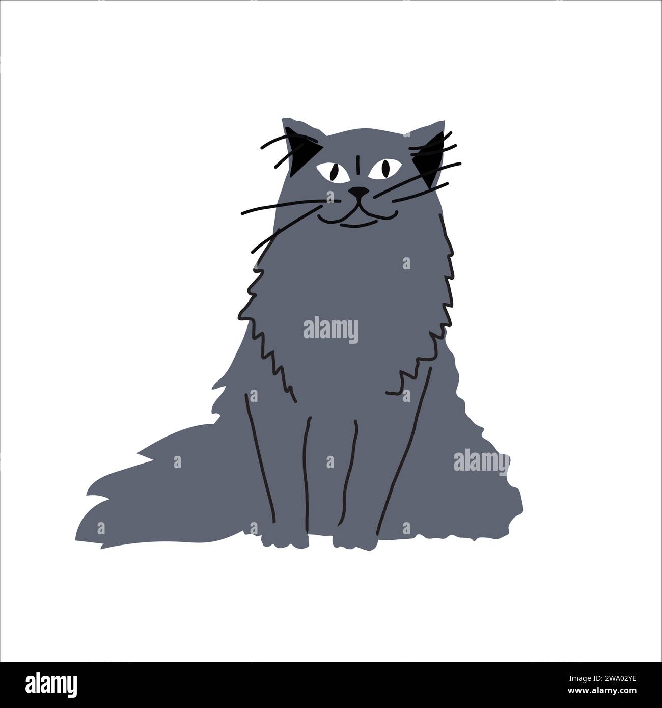 Grey furry adult cat sitting portrait drawing. Sketch of a domestic cat ...