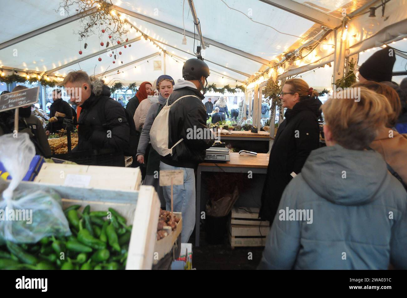 Copenhagen, Denmark /31 December 2023/Shoppers at farmers market or ...