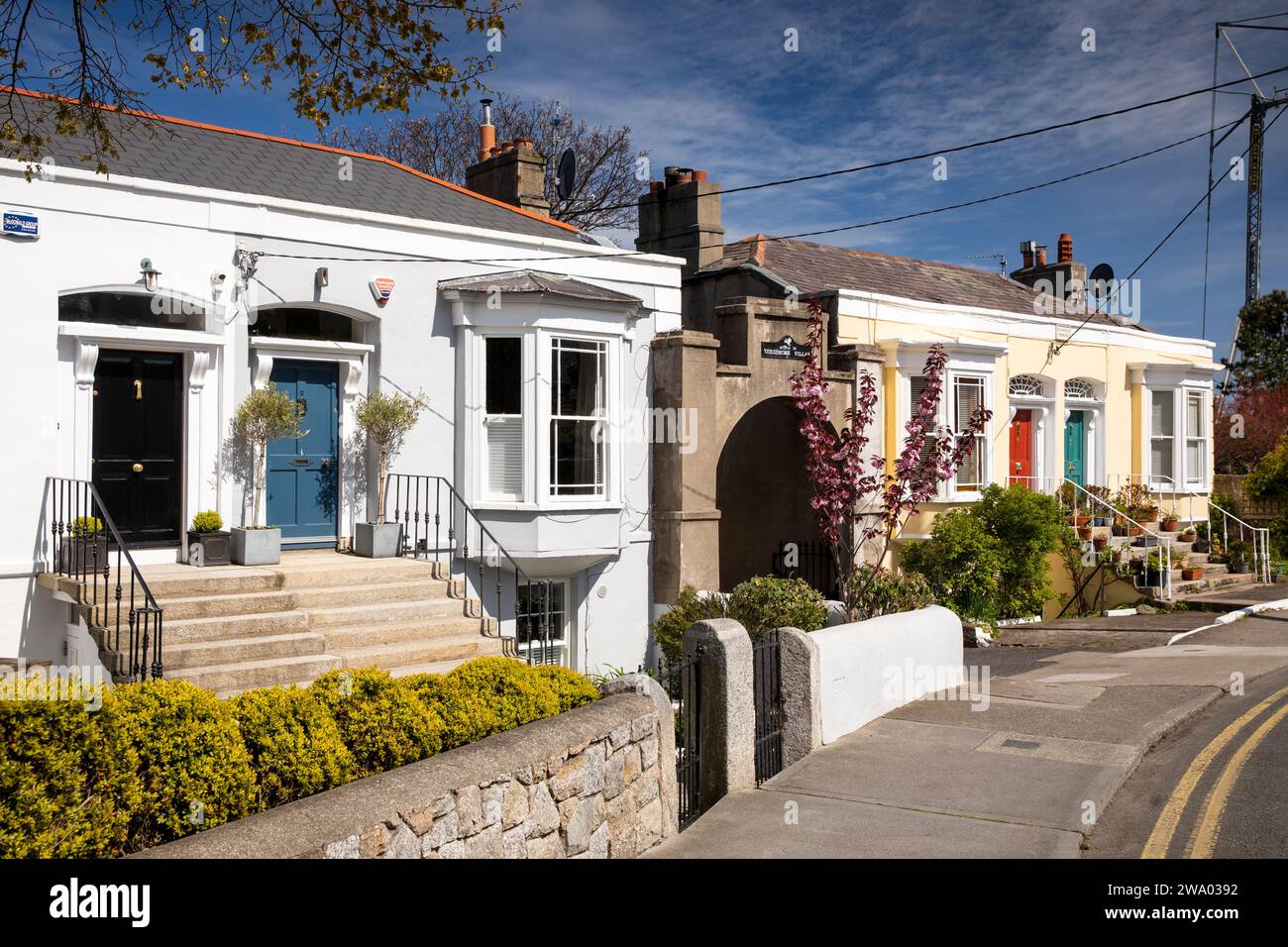 Ireland, Dublin, Dalkey, Coliemore Road, low houses at entrance to ...