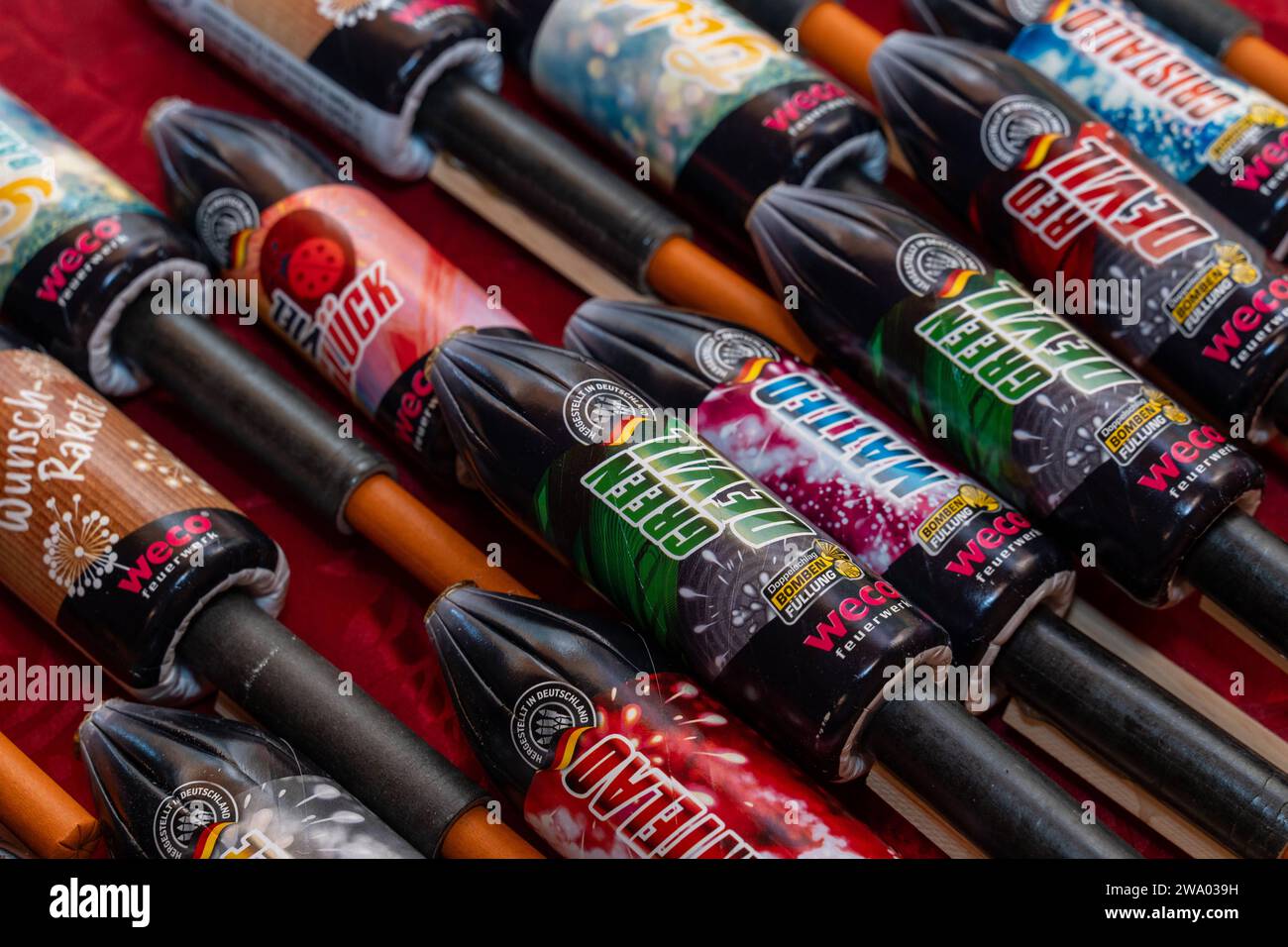 Kammlach, Bavaria, Germany - December 31, 2023: Rocket fireworks spread ...