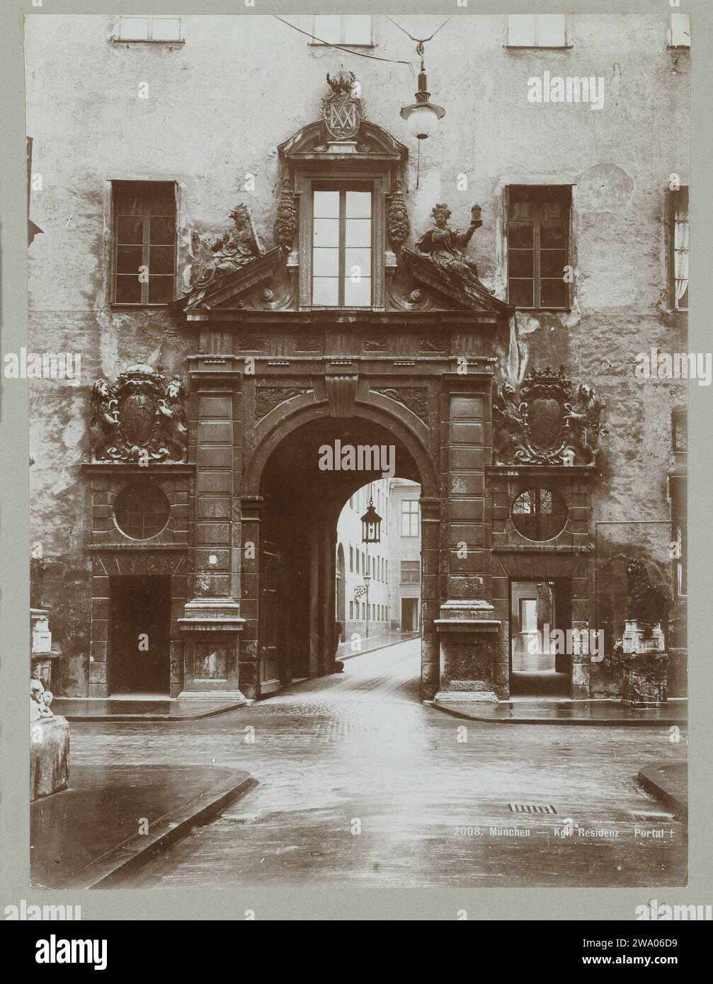 A royal gate with two small side gates in the street scene of Munich, c ...