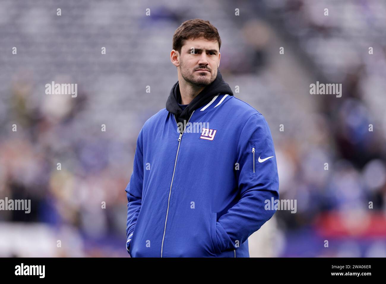 New York Giants quarterback Daniel Jones walks the field during ...