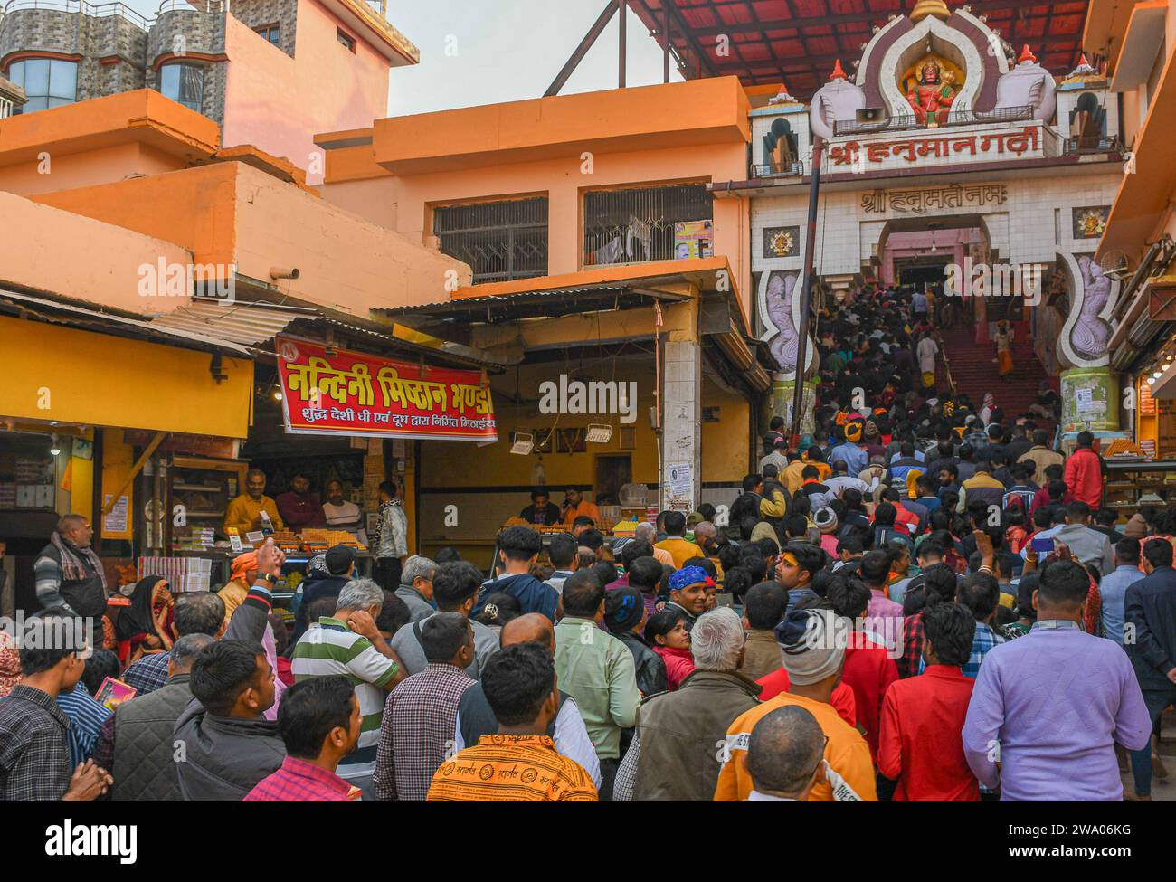 Devotees walk inside the Hindu temple Hanuman Garhi in Ayodhya. Ayodhya ...