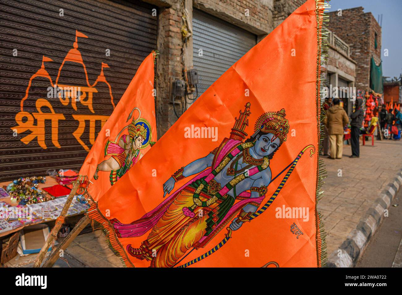 Ayodhya, India. 26th Dec, 2023. Flags with portraits of Hindu deities ...