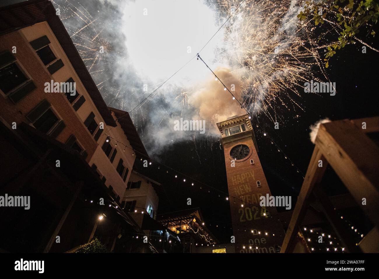 Chiang Mai, Thailand. 01st Jan, 2024. Fireworks seen at the clock tower ...