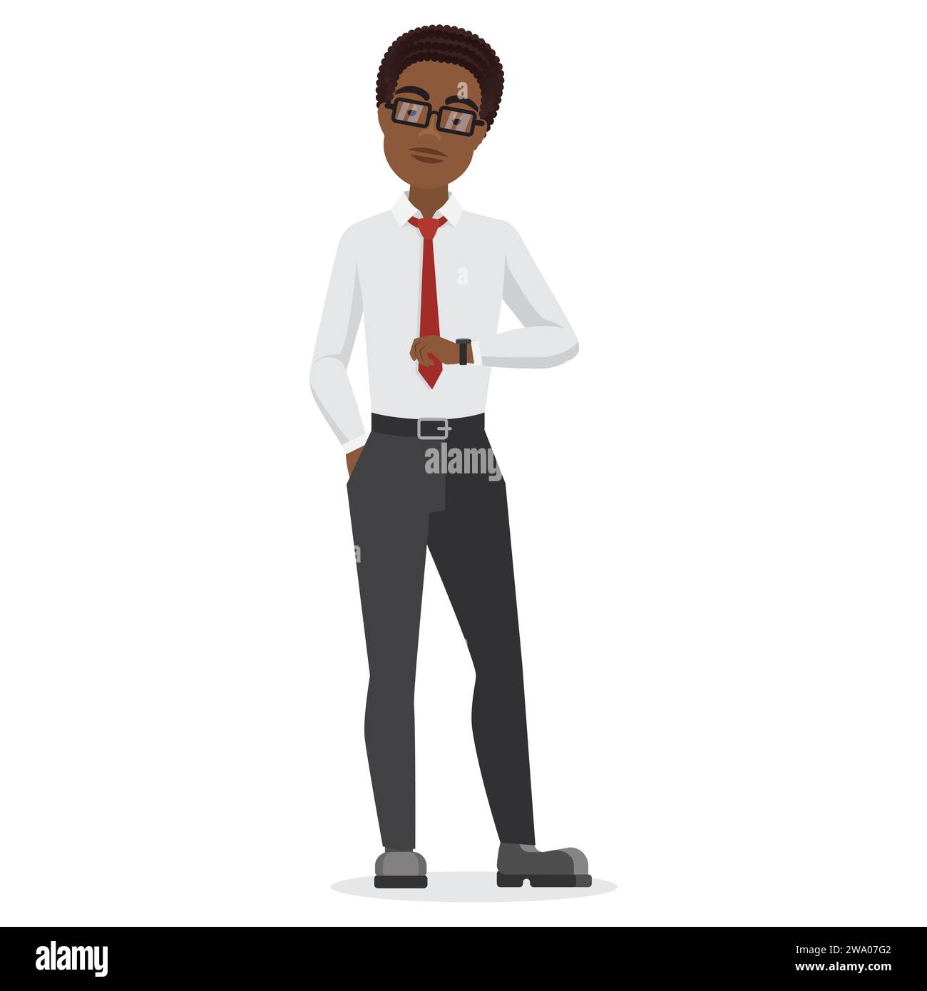 Black businessman looking at watch. African office worker cartoon ...