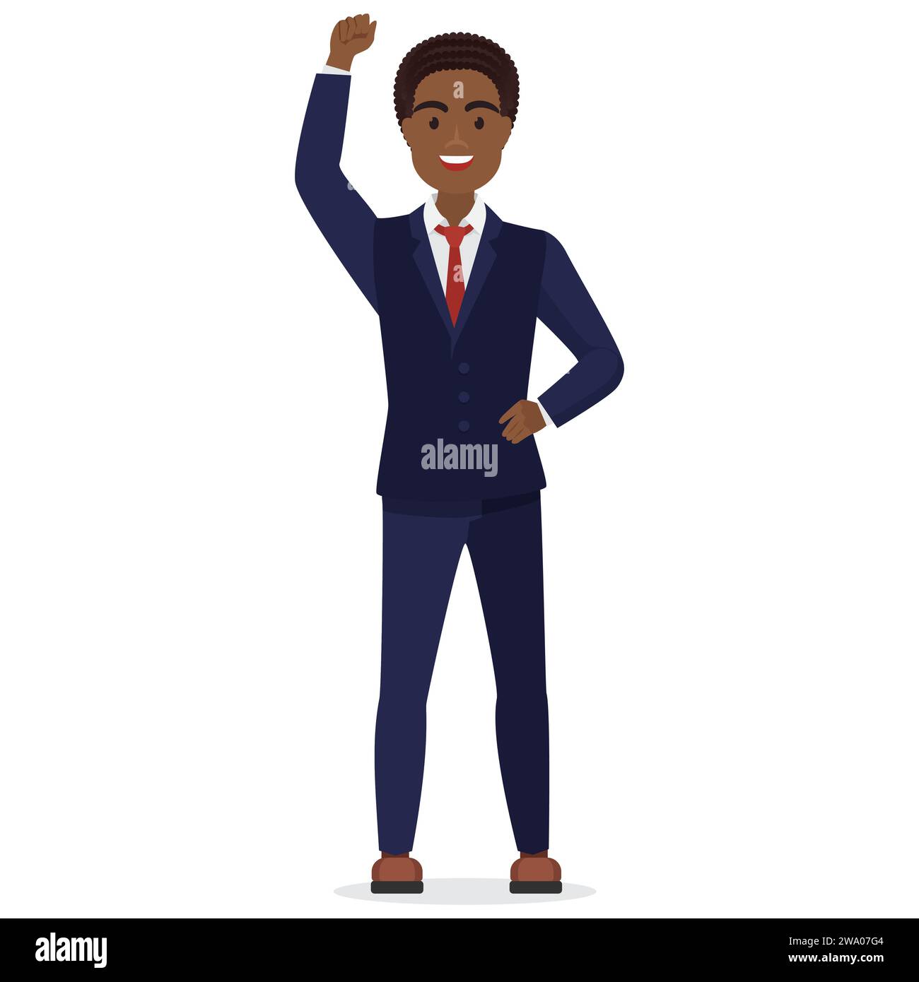 Black businessman with raised hand. Happy african male office worker ...