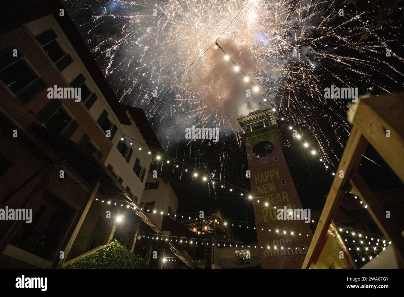 Chiang Mai, Thailand. 01st Jan, 2024. Fireworks seen at the clock tower ...