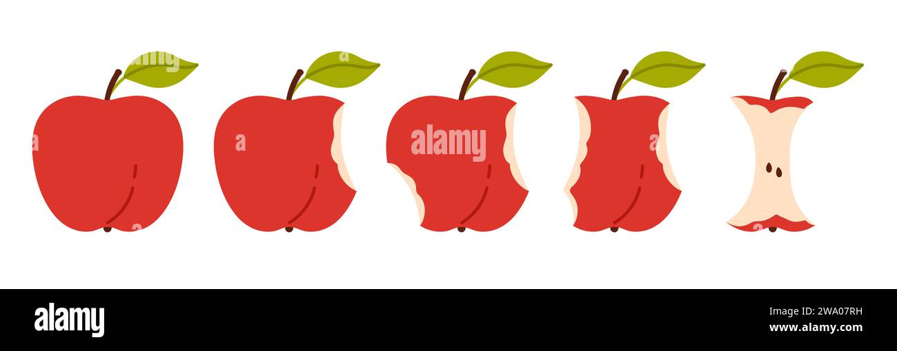 Bitten apple set, sequence game animation of eaten fruit. Stages of ...