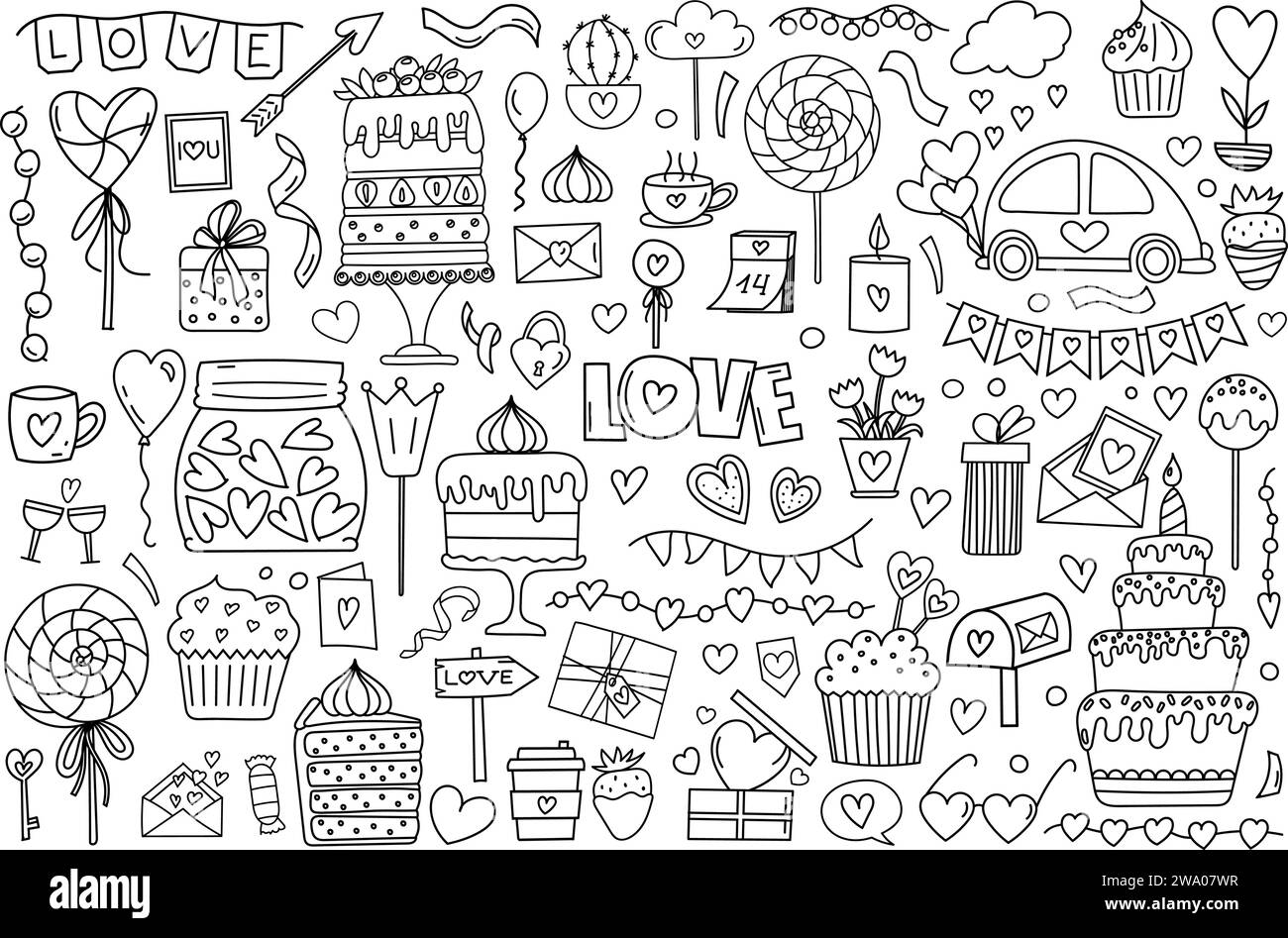 Hand-Drawn Doodle Set In Vector, Featuring A Stress-Relief Coloring ...