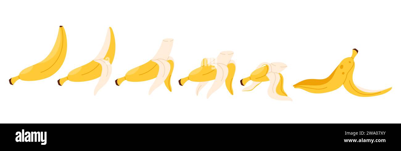 Eaten banana set of animation sequence. Stages of bites, bitten yellow ...