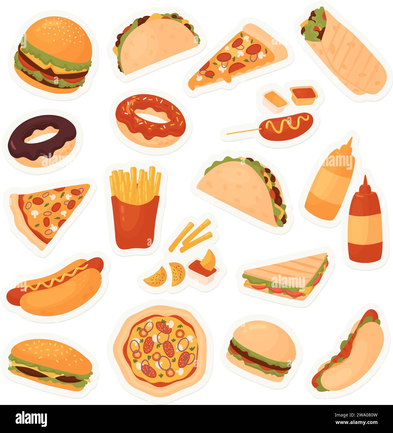 Fast food restaurant menu sticker pack set vector illustration. Cartoon ...