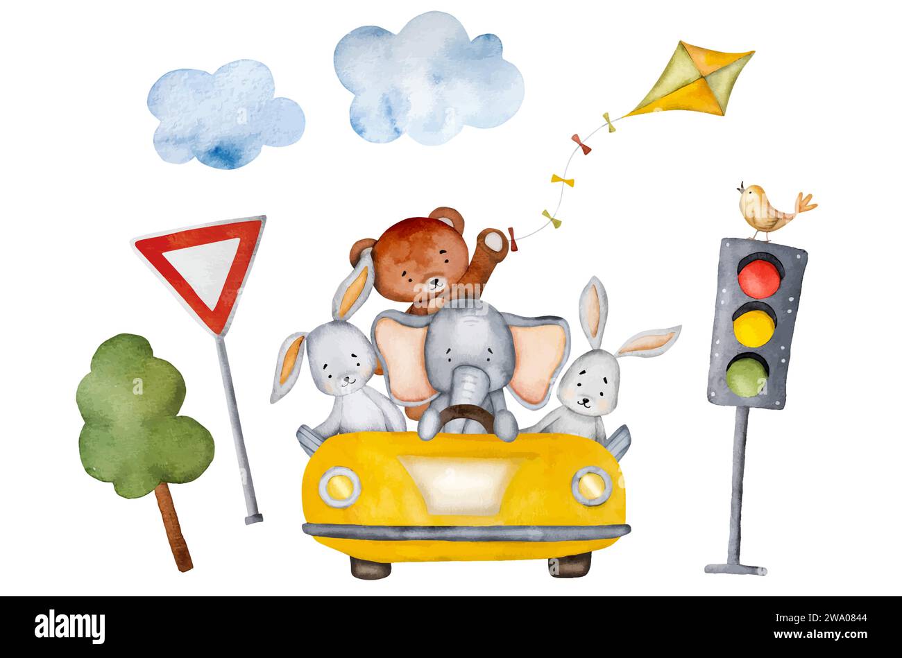 Cartoon bear, elephant and bunny in yellow car with bird and kite ...