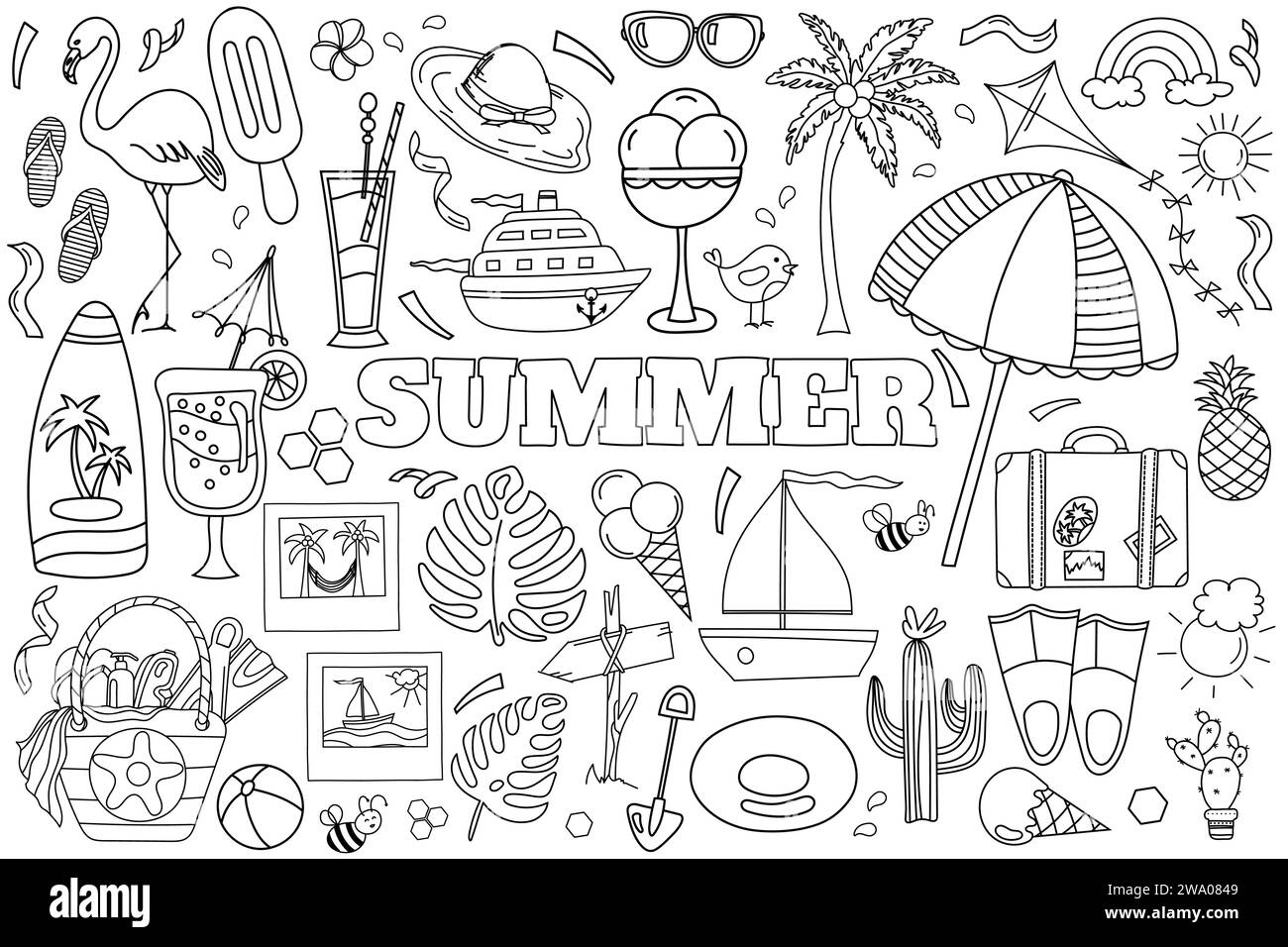 Hand-Drawn Vector Doodle Set For A Summer-Themed Anti-Stress Coloring ...