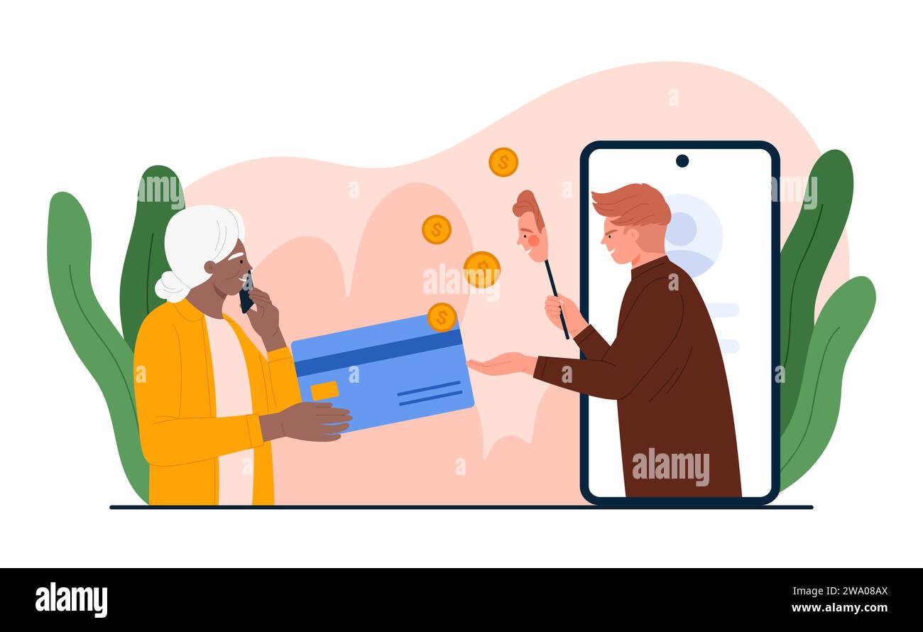 Stealing money from old woman, scam and fraud using mobile phone vector ...