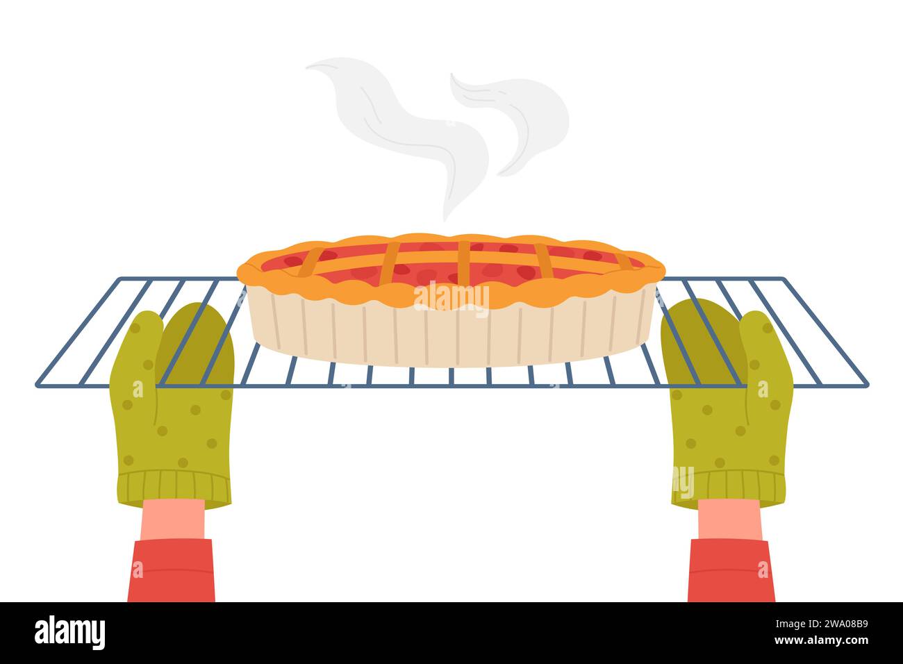 Cartoon chef making traditional pie or tart, view from open door of ...